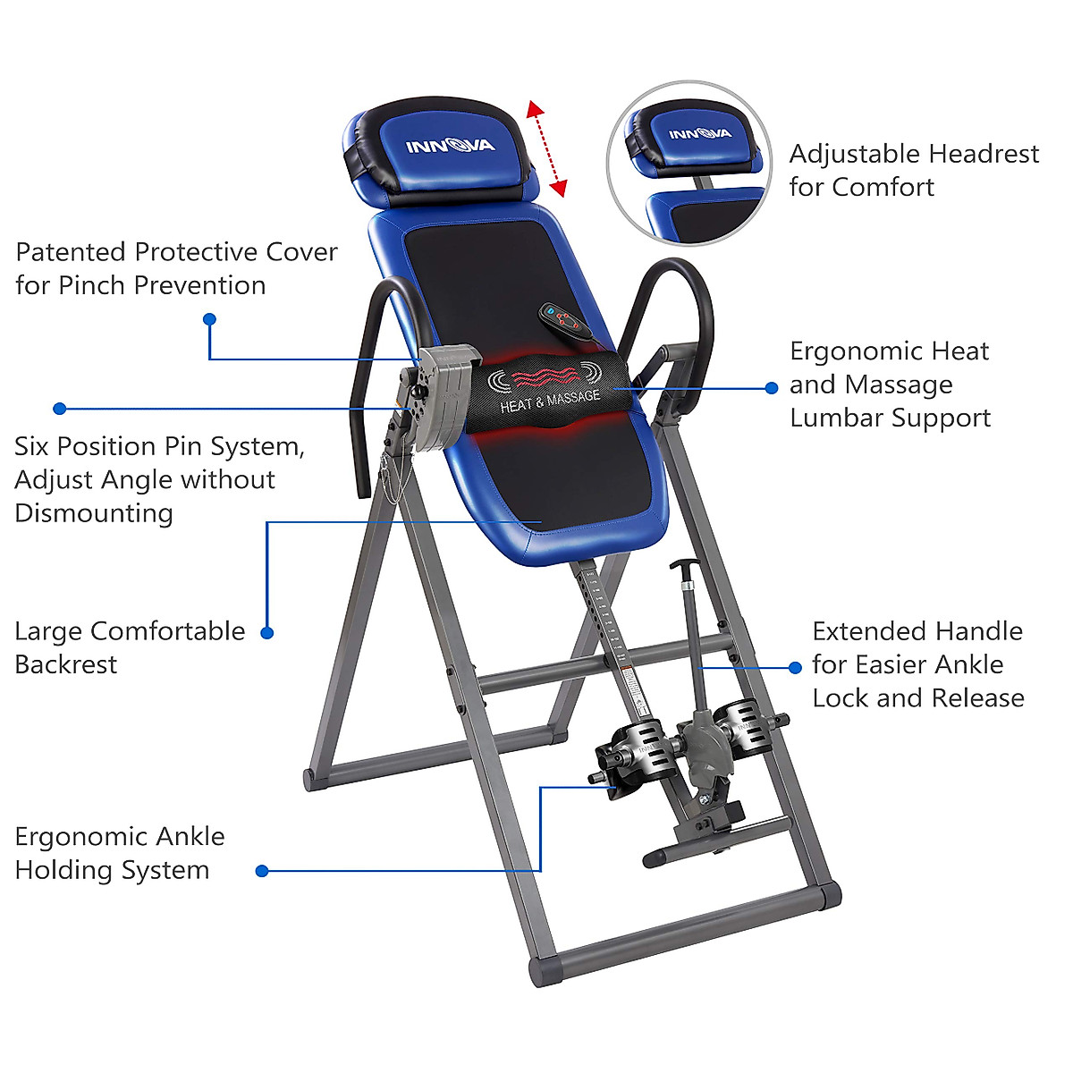 INNOVA HEALTH AND FITNESS ITM4800 Advanced Heat and Massage Inversion Table,Black/ Blue / Gray