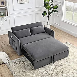 LUCKHAO Convertible Sofa Bed,Pull Out Sleeper Bed Modern Velvet Loveseat Sofa Couch with Adjsutable Back and Arm Pockets,55" Sleeper Sofa with 2 Lumbar Pillows for Living Room,Small Spaces(Grey)