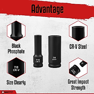 WETT 1/2" Drive Impact Socket Set, 29 Piece Deep Socket with Extension Bar, Cr-V Steel, SAE & Metric, 6 Point, (3/8" - 1", 10-24mm)