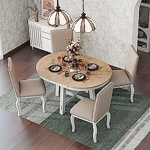 Merax 5 Piece Round Dining Table Set, Solid Wood Extendable Dining Table and 4 Upholstered Dining Chairs for Kitchen Dining Room (Oak Natural Wood + Antique White)
