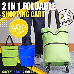 2 in 1 Foldable Shopping Carts for Groceries with Wheels, Waterproof Large Folding Expandable Shopping Bag, Collapsible Washable Cart Grocery Bags Tote Bag Green