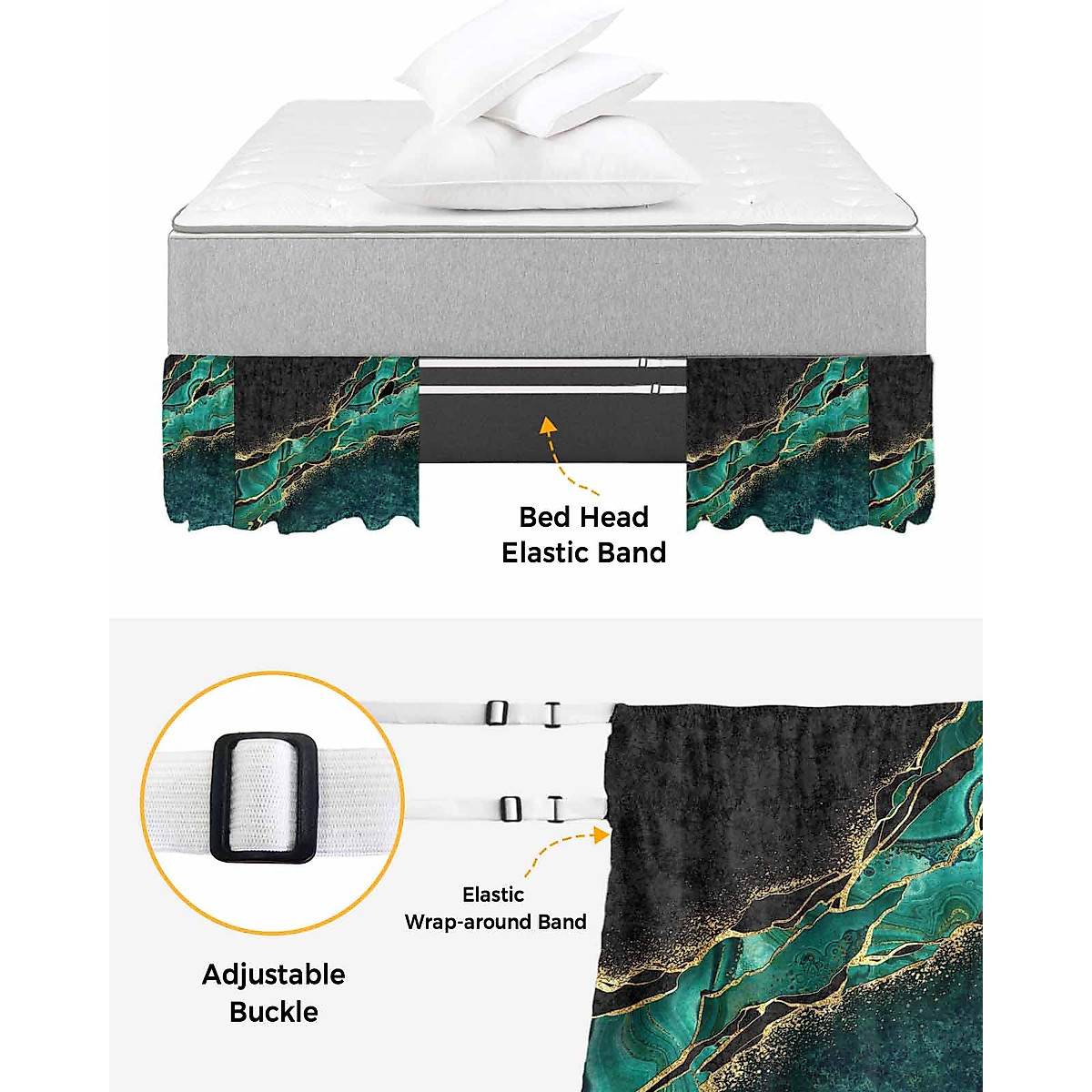 Abstract Black Marble Bed Skirt Queen Size 18 Inch Drop, Adjustable & Elastic Wrap Around Bed Skirts Pleated Luxury Dust Ruffles for Twin Full Queen Cal King Base Bed, Modern Minimalist Emerald Green