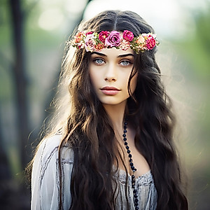 Vivivalue Rose Flower Crown Boho Flower Headband Hair Wreath Floral Headpiece Halo with Ribbon Wedding Party Festival Photos Pink