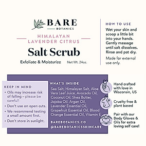 Bare Botanics Lavender Citrus Body Scrub 24oz | Made in Madison, WI | All Natural Himalayan Salt Exfoliator Skin Loving Moisturizers | Vegan & Cruelty Free | Gift Ready Packaging w/a Cute Wooden Spoon