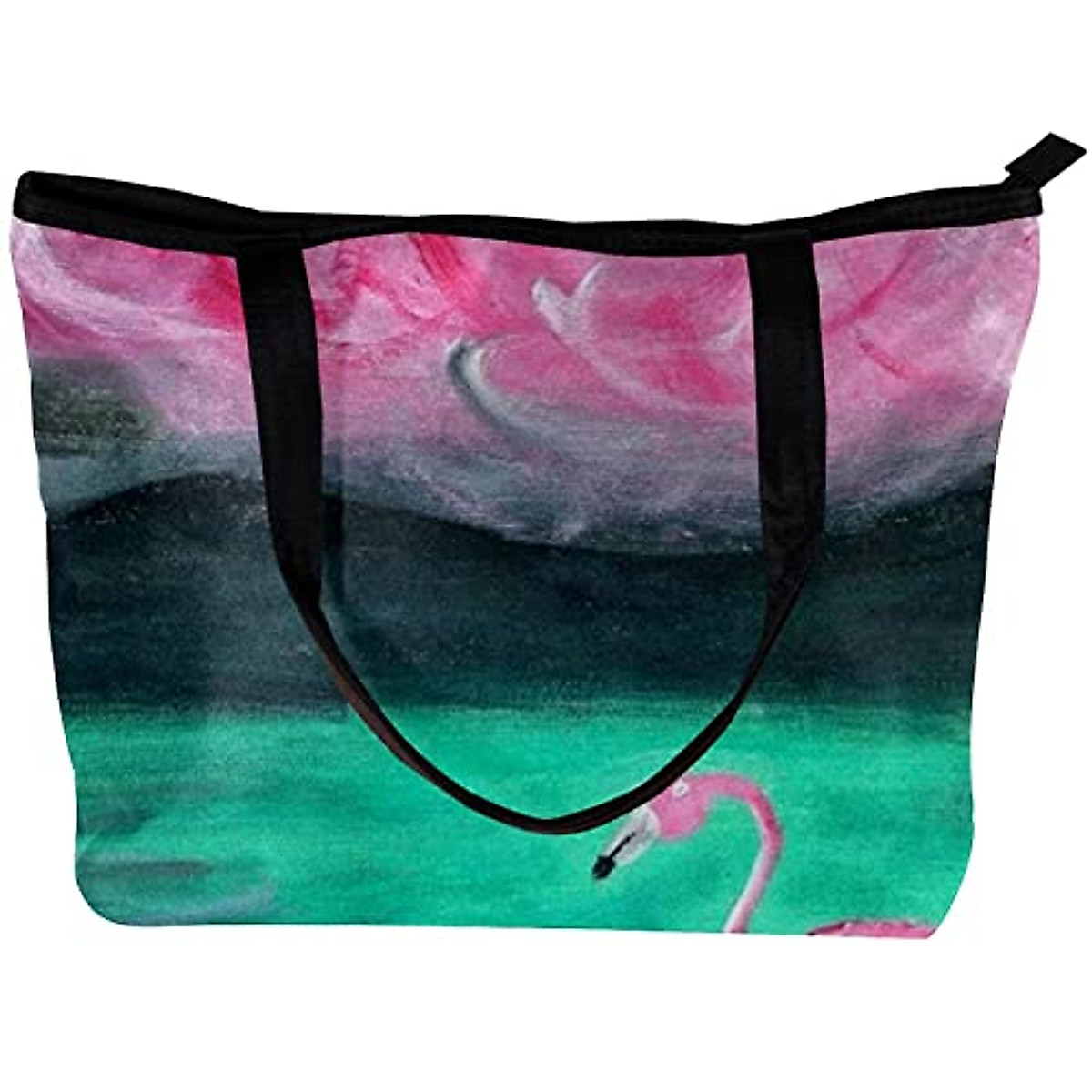 Women's Large Size Canvas Shoulder Bag Hobo Crossbody Handbag Casual Tote, Oil Painting Pink Cloud Flamingo