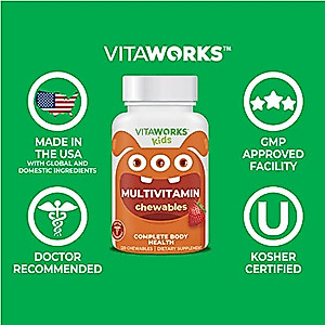 VitaWorks Kids Multivitamin with Iron & Minerals Chewable Tablets - Mixed Fruit Flavor - Vegetarian, GMO-Free, Nut Free - Dietary Supplement - Digestive Support for Children - 120 Chewables",