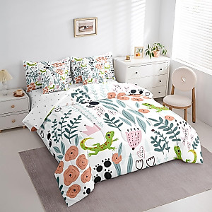 Erosebridal Reptile Kids Comforter Set Twin 7 Piece Lizard Gecko Print Bed in a Bag Wildlife Animal Room Decor,Green Leaf Pink Flowers Bedding Set with Fitted Sheet,Flat Sheet,Pillow Cases & Covers