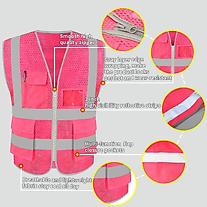 HYCOPROT High Visibility Mesh Safety Reflective Vest with Pockets and Zipper, Meets ANSI/ISEA Standards (Small, Pink)