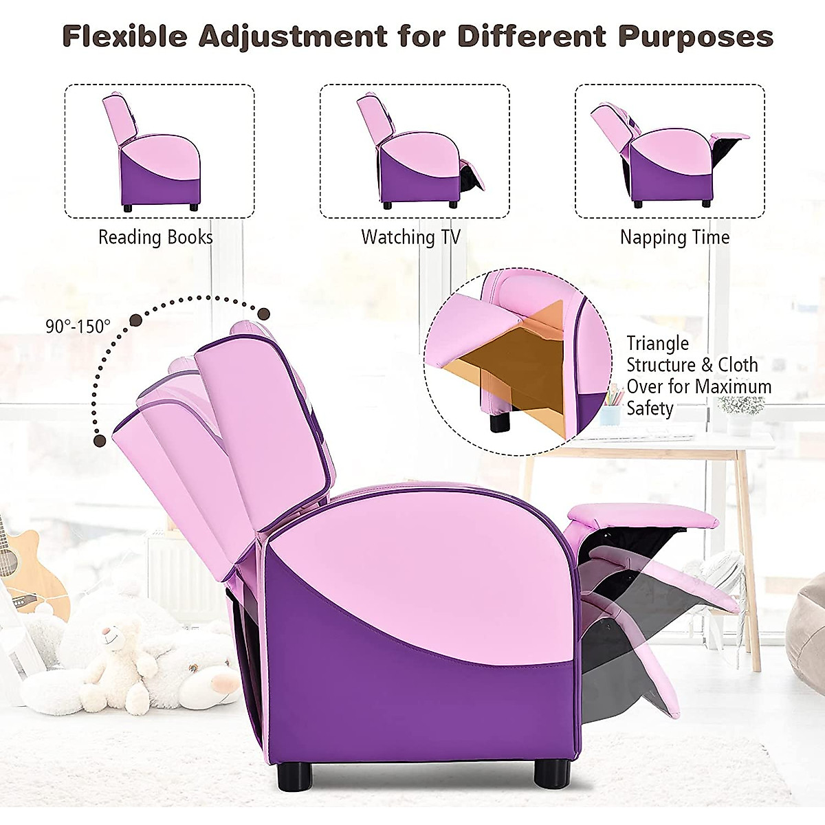 Fireflowery Kids Recliner Chair with Side Pockets, Adjustable Kids Couch Chair w/Footrest & Headrest, Ergonomic Toddler Furniture Sofa for Boys and Girls Room (Pink)