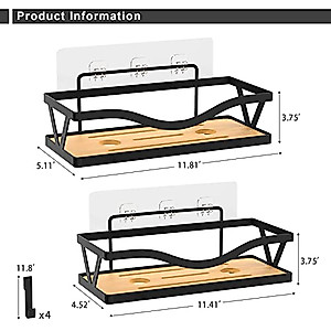 Shower Caddy Organizer, Natural Bamboo Shower Shelves with 4 Hooks, No Drilling Rustproof Stainless Steel Shower Organizer for Inside Shower & kitchen organization and storage, Matte Black, Set of 2