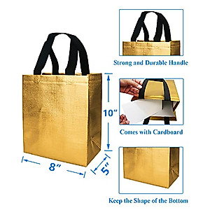 HUANN 12 Pcs Gold Gift Bags Medium Size Shine Reusable Gift Bags with Handles Metallic Glossy Non Woven Gift Bags for Wedding Christmas Party Birthday 8 x 5 x 10 Inch