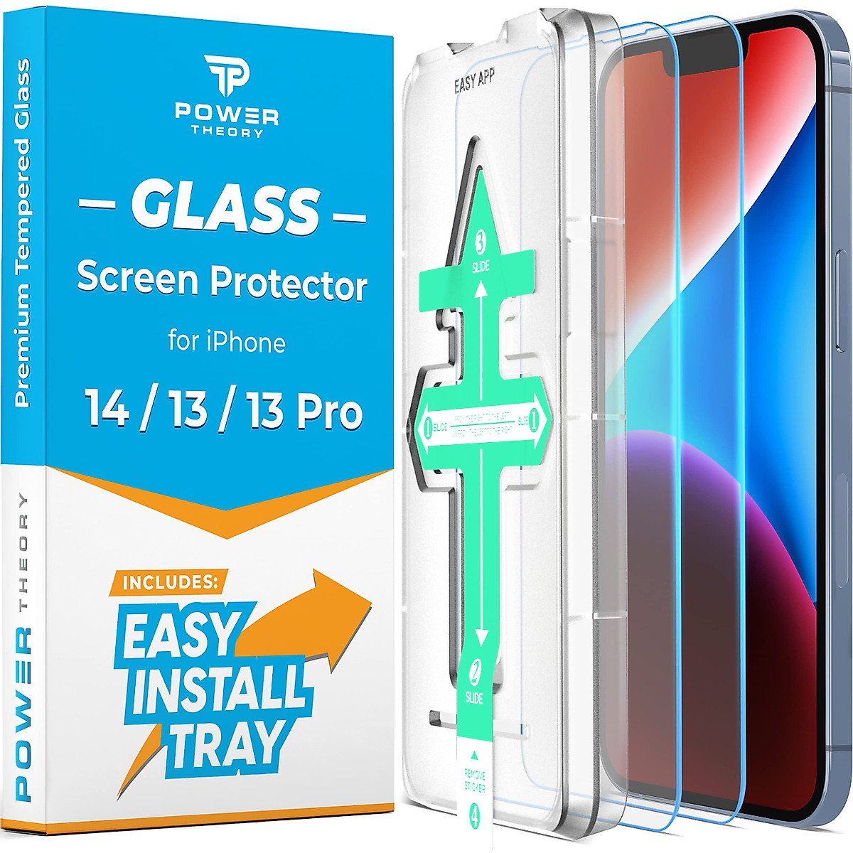 Power Theory Designed for iPhone 14 Screen Protector Tempered Glass, Also for iPhone 13/iPhone 13 Pro [Case Friendly] Full Cover with Easy Install Kit, 2 Pack