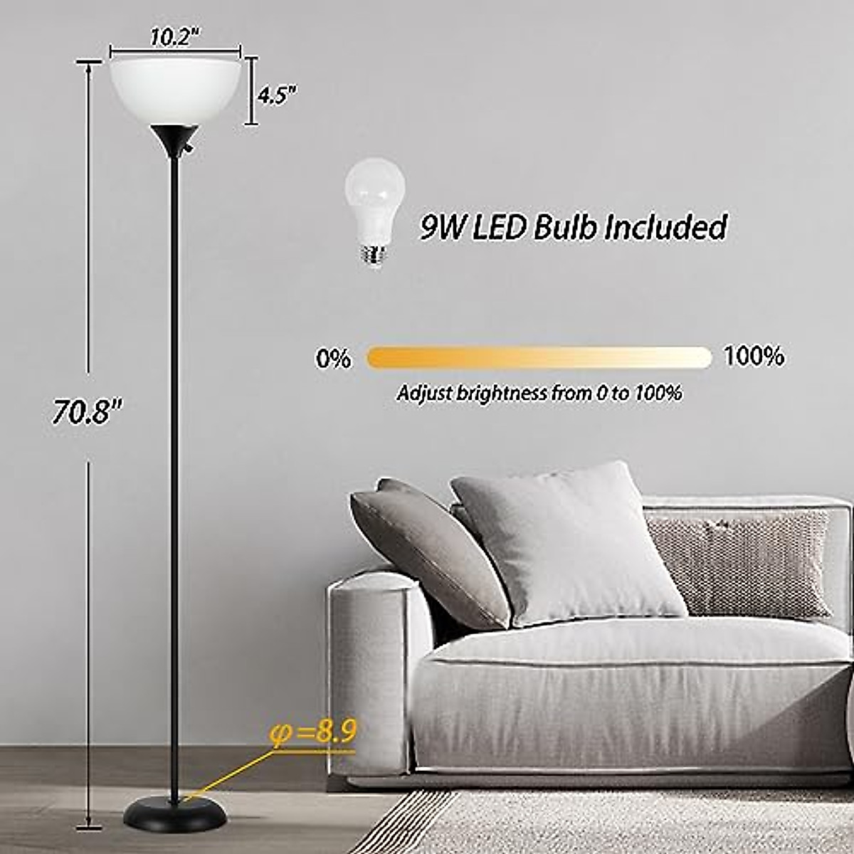 Floor Lamps for Living Room, Dimmable LED Modern Simple Standing Lamp, Tall Lamps for Bedroom Office Dining Room Kitchen, Minimalist Black Pole Lamp with Rotary Switch, 9W LED Bulb Included