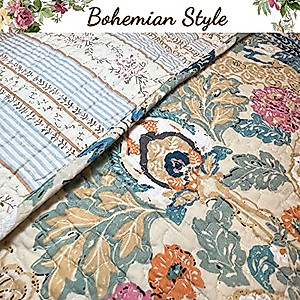 Cozy Line Home Fashions Luxury Classic Bedding Quilt Set, 100% Cotton Beige Blue Floral Pink Flower Bohemian Style Reversible Bedspread Coverlet (Art Painting, King - 3 Piece)