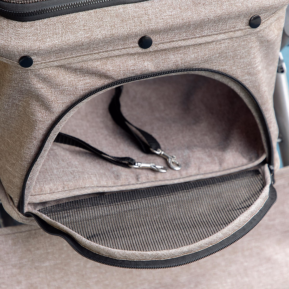 PawHut Dog Stroller for Small Dogs Cats, 4 Wheels One-Click Fold Pet Stroller with Swivel Wheels, Brake, Basket Storage, Safety Belts, Adjustable Canopy, Zippered Mesh Window Door, Brown