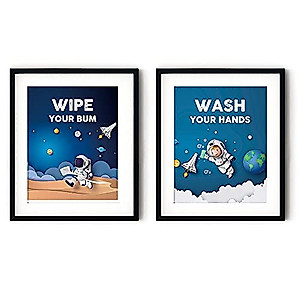 FALJIOK Funny Bathroom Outer Space Planet Wall Art Prints Decor, Bathroom Sign Brush Wash Brush, Bathroom Gift for Kids Son Brother Grandson Set of 4 (8”X10”) Unframed