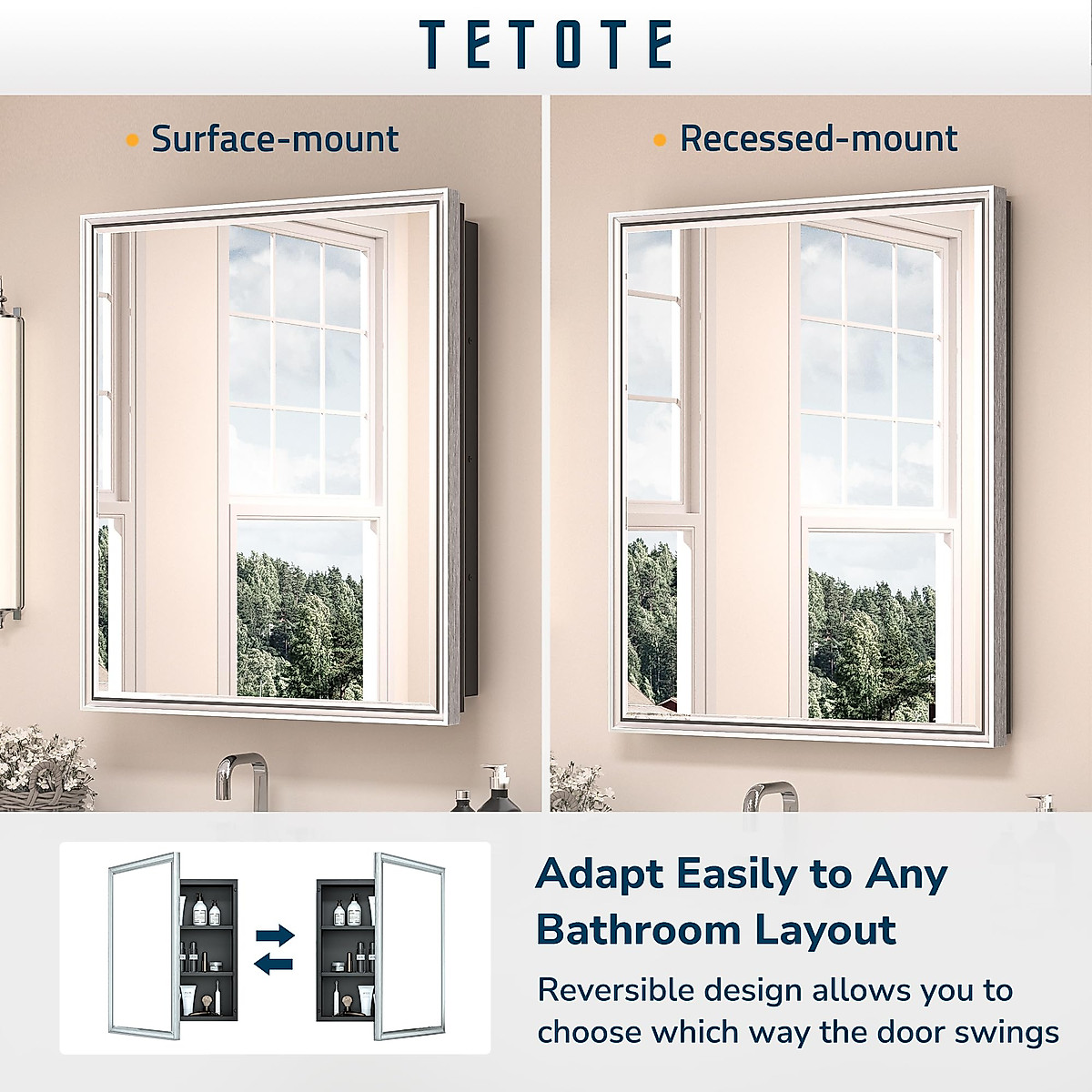 TETOTE Medicine Cabinet with Mirror 17 x 25 Inch Brushed Silver for Bathroom Aluminum Framed Surface or Recessed Wall-Mounted Medicine Cabinets Beveled Mirror with Storage 1 Door Modern Farmhouse