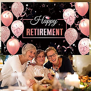 Happy Retirement Party Decorations, Extra Large Fabric Happy Retirement Sign Banner Photo Booth Backdrop Background with Rope for Retirement Party Favor (Black and Rose Pink,72.8 x 43.3 inch)