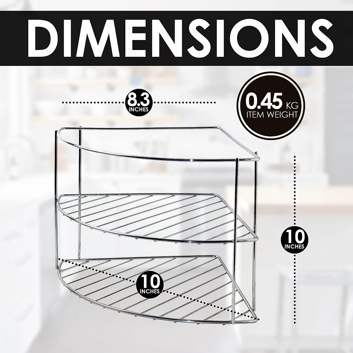 3-Tier Counter and Cabinet Corner Shelf, Pantry Organizer, Rust Resistant - Plates, Dishes, Pans, Cups, Lids and Bowls - Silver