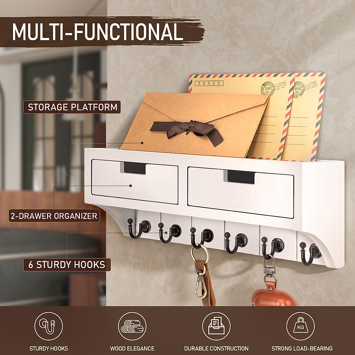 Rebee Vision Key Holder Wall Mount with Drawer Organizer: Mail Organizer with 6 Key Hooks & Dual Drawer Storage - Room Decor for Home and Apartment Essentials (Modern White)