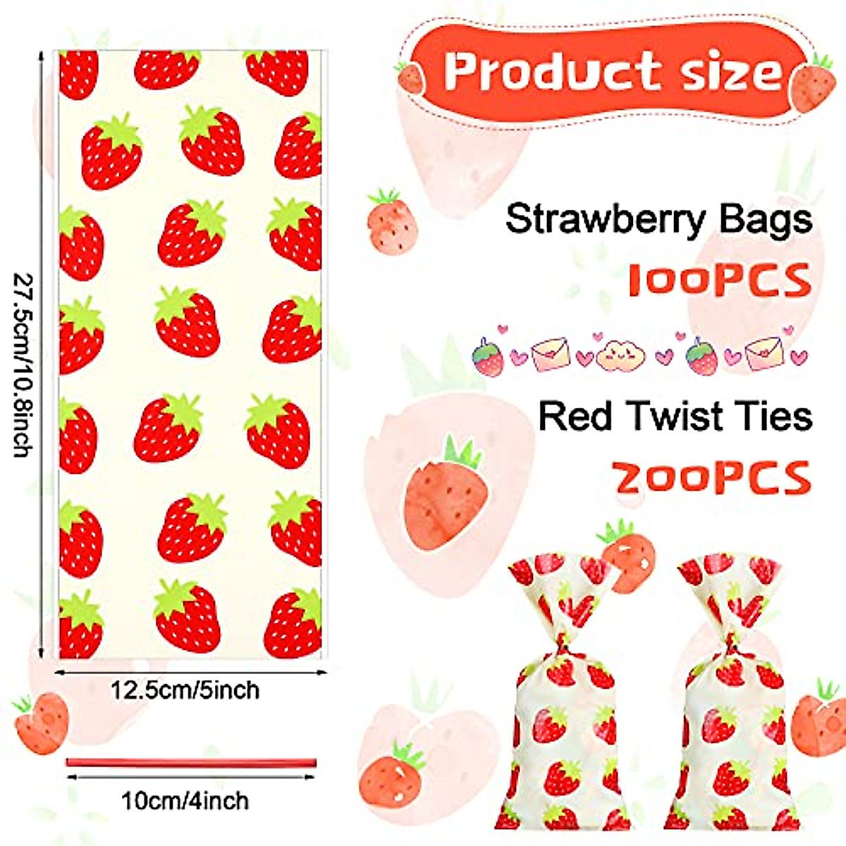 100 Pieces Strawberry Treat Bags Strawberry Cellophane Party Bags Strawberry Plastic Goody Candy Bags with 200 Red Twist Ties for Strawberry Themed Party Birthday Party Decoration Supplies