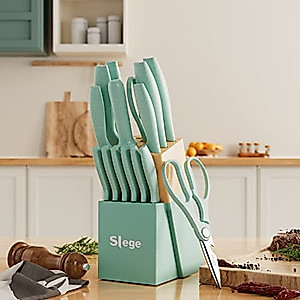Slege 15pcs Kitchen Knife Set with Block, Sharpener and Scissor, Stainless Steel Knives with Extre-light Straw Handle