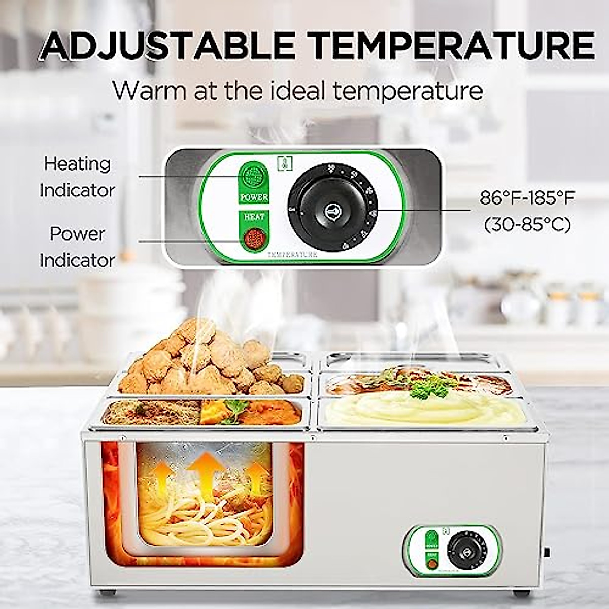 Cavlhils 3-Pan Commercial Bain Marie Buffet Steam Table Stainless Steel Food Warmer, 3x7QT 6" Deep 1500W Electric Countertop Warmers with 86-185°F Temp Control for Parties, Catering, Restaurant