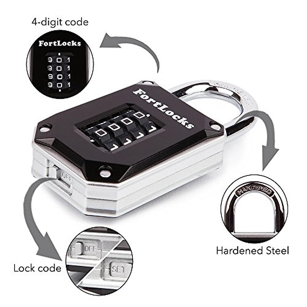 FortLocks Gym Locker Lock - 4 Digit, Heavy Duty, Hardened Stainless Steel, Weatherproof and Outdoor Combination Padlock - Easy to Read Numbers - Resettable and Cut Proof Combo Code - 1 Pack Silver