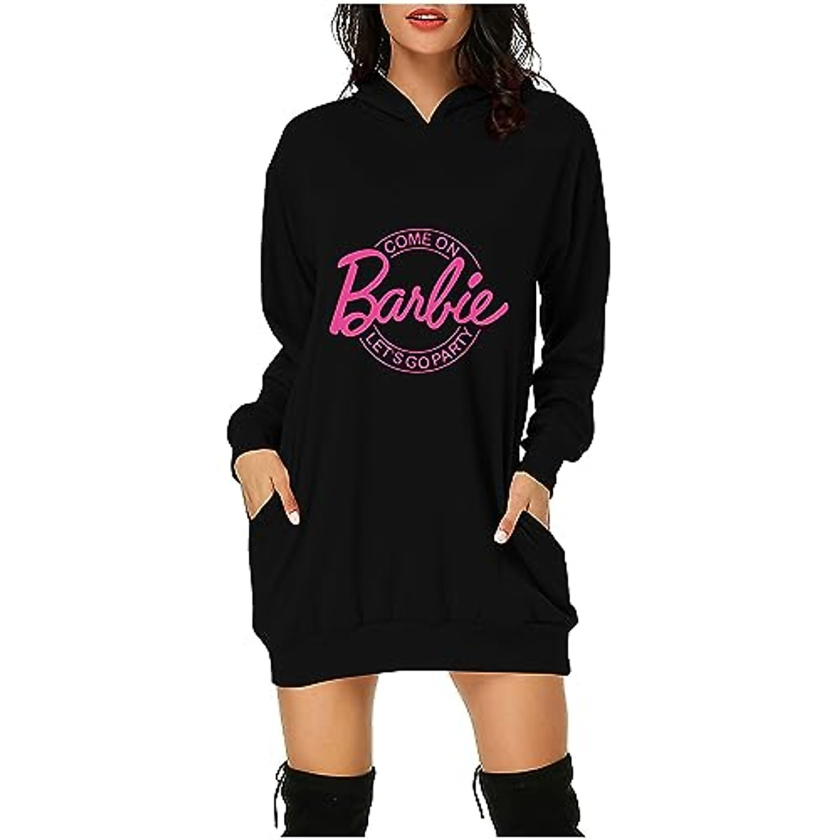 Hooded Dress for Women Come On Let's Go Party Print Dress Bachelorette Party Long Sleeve Casual Loose Pullover Dress Black