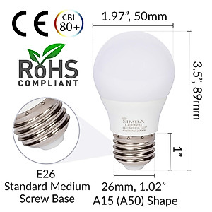 Simba Lighting LED A15 Refrigerator Light Bulbs (6-Pack) 4W 40W Replacement Small for Appliances, Freezers, Ceiling Fans, 120V, E26 Standard Medium Base, Frosted Cover, Not Dimmable, 3000K Soft White