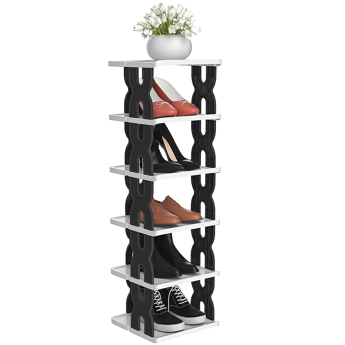 6 Tier Narrow Shoe Rack, Small Vertical Shoe Stand, Space Saving DIY Free Standing Shoes Storage Organizer for Entryway, Closet, Hallway, Easy Assembly and Stable in Structure, Black