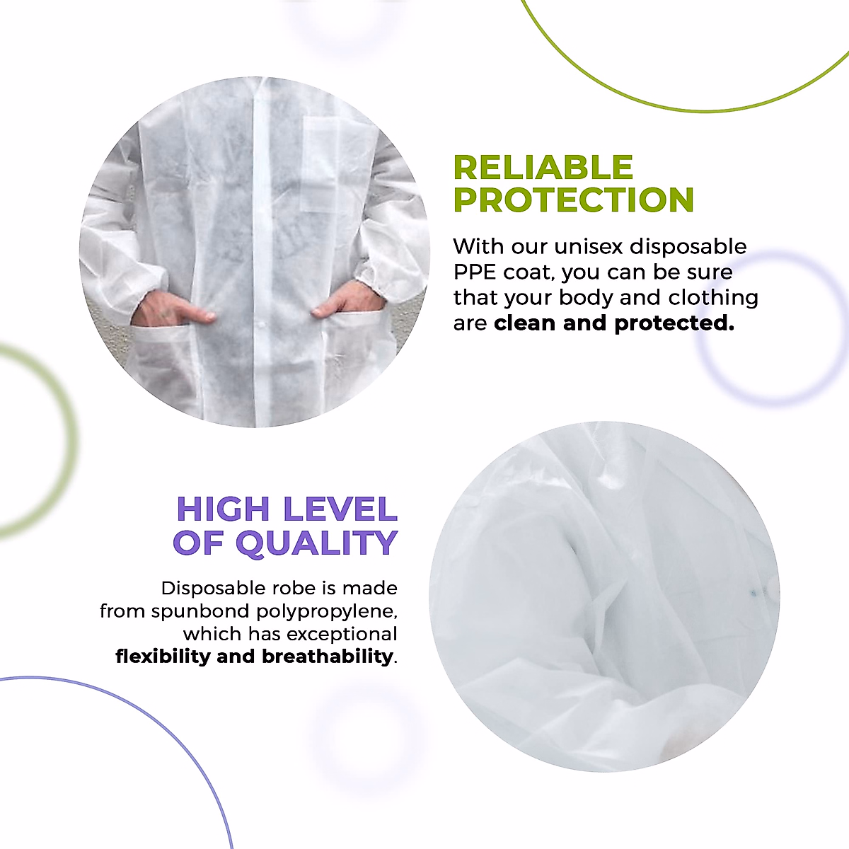 AMZ Medical Supply White Disposable Lab Coat Women and Men, Large. Pack of 50 Medical PPE Coat. Spunbonded PP 30 GSM Disposable Lab Coats for Adults with Elastic Wrists, Front Snaps, Pockets