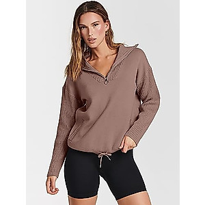 ANRABESS Quarter Zip Sweaters for Women Long Sleeve Casual Collared V Neck Knit Zipper Loose Fit Solid Pullover Jumper 2023 Fall Winter Fashion Clothes with Pockets 780doukou-S