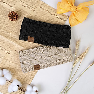 Loritta 2 Pack Headbands for Women Winter Warm Cable Knit Ear Warmer Thick Head Wrap Fuzzy Fleece Lined Gifts, F Beige+Black