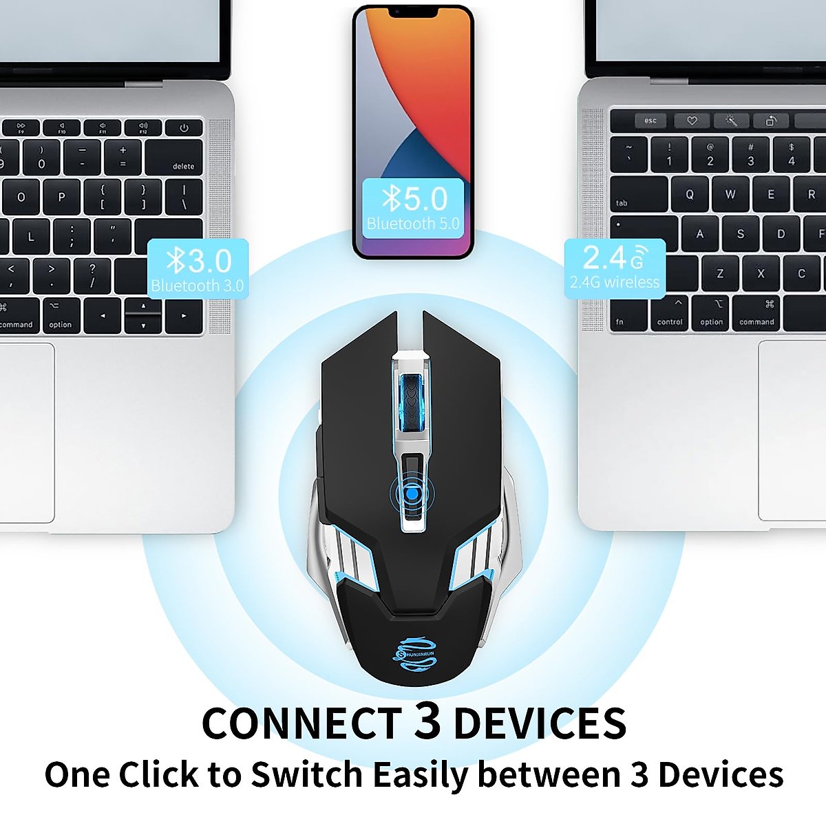 Bluetooth Mouse Rechargeable, Wireless Gaming Mouse Multi Device(BT5.0/3.0+2.4G) with Side Buttons, USB Receiver, RGB Backlit, Cordless Computer Mice for Laptop, Windows PC Mac Tablet(Black-Mute)
