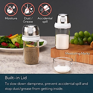 KTCHENDAO 2 in 1 Glass Salt and Pepper Shaker with Side Pour Spout, Built-in Lid for Moisture-proof, Elegant Borosilicate Glass Salt Pepper Dispenser set for Kitchen, BPA Free,4oz (White)