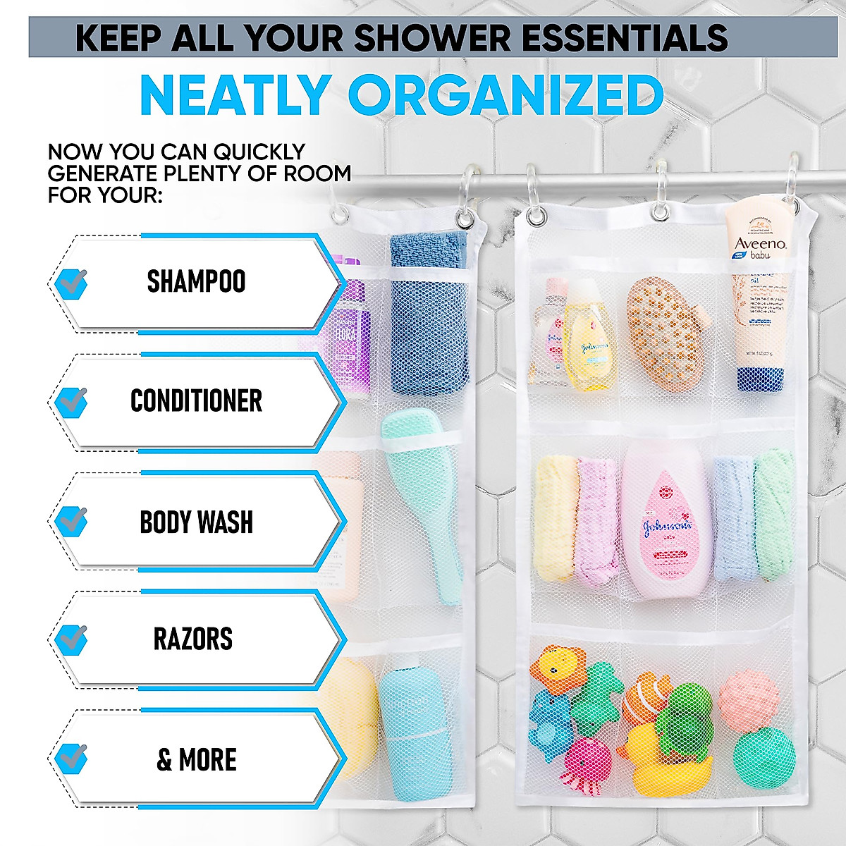 Handy Laundry Hanging Shower Organizer (2-Pack) - 9-Pocket - Mesh Caddy with Deep Storage Pockets for Organizing Bathroom Toiletries and Kids Bath Toys - Hang on Existing Shower Curtain Rings