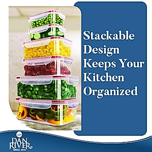 DAN RIVER Reusable Air Tight Plastic Containers with Lids 24-Piece Set (12 Containers & 12 Snap Lids), Leak-Proof & Microwave Safe, Air Tight Food Storage Set, Red