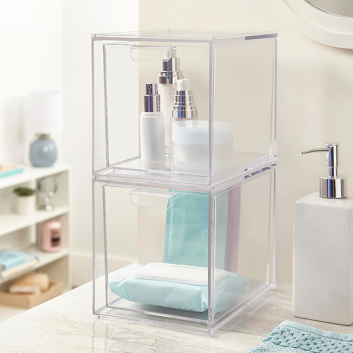 STORi Audrey Stackable Clear Plastic Organizer Drawers | 2 Piece Set | 6.75-Inches Tall | Organize Cosmetics and Beauty Supplies on a Vanity | Made in USA