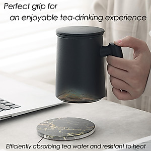 Ochcahser Tea Cup with Infuser and Lid, 15.2 Ounces Artistic Mountain Embossed Ceramic Tea Mug with Absorbent Coaster for Loose Leaf Tea, Ergonomic Bamboo Handle Tea Steeping Mug for Tea Lovers