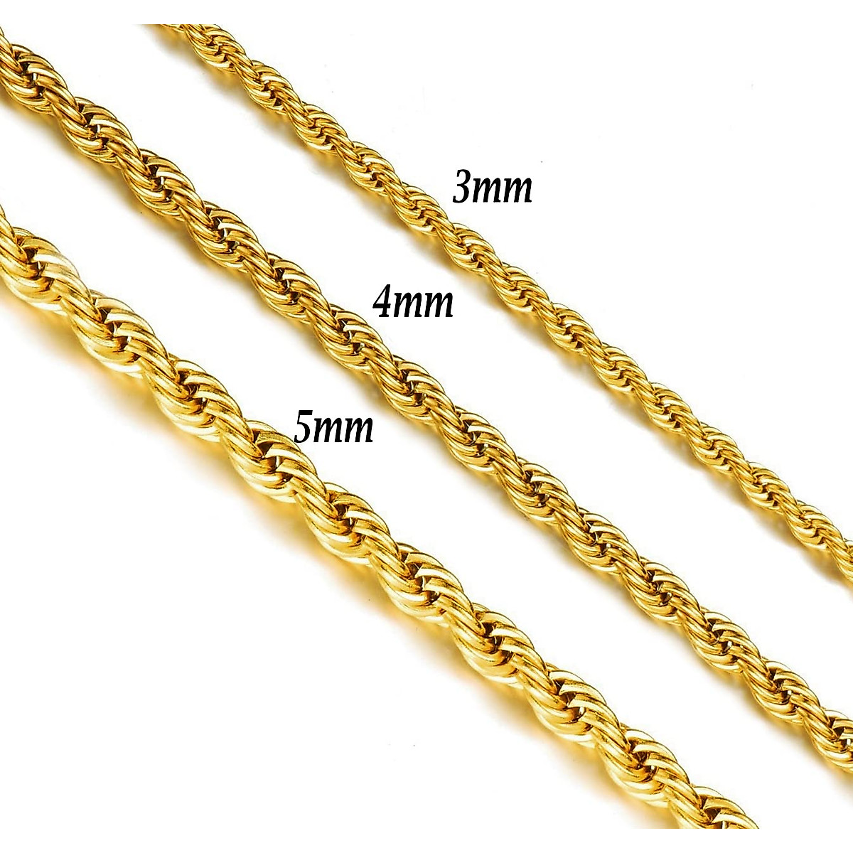 BA UNIQUE FASHION Stainless Steel Rope Chain 16,18, 20, 24 inches Necklace for Men and Women in Gold, Silver Tone (5mm 20", Gold Plated Stainelss Steel)
