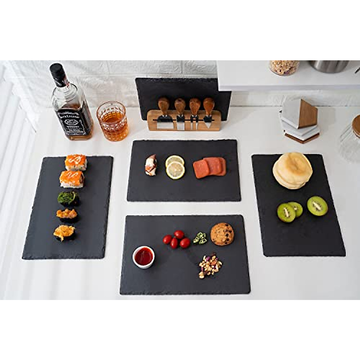 4 Pieces Large Slate Cheese Boards Slate Board 12x8in, Slate Cheese Tray Serving Tray Serving Stone Tray Slate Platter with 2 Chalks