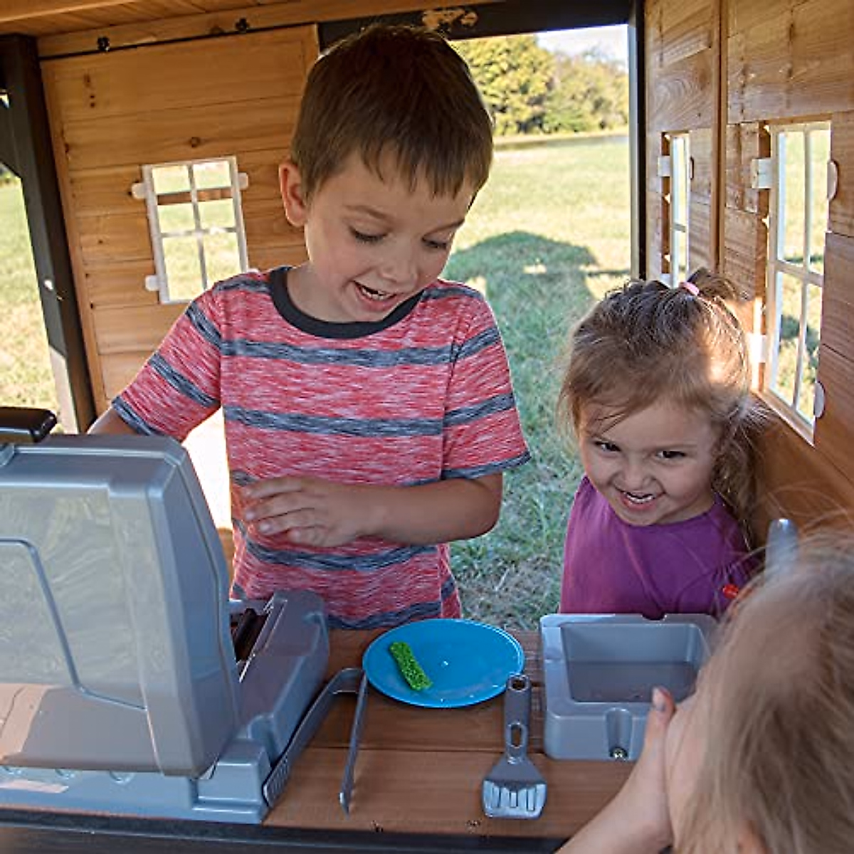 Backyard Discovery Canyon Creek All Cedar Wood Swing Set, Playhouse with Grill, Plastic Food, Picnic Area, Steering Wheel, Two Belt Swings, Rock Climbing Wall, Balcony, Deck, Slide, Web Swing,Brown