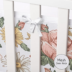 Sweet Jojo Designs + BreathableBaby Blush Pink Yellow Vintage Floral Boho Girl Breathable Mesh Crib Liner Baby Infant Bohemian Shabby Chic Daisy Flower Farmhouse Wildflower Leaf Sage Green
