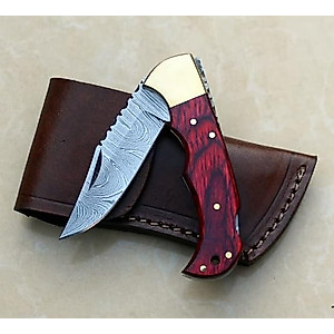 Nesmo-506 Damascus Steel Pocket Knife for Men - Handmade Folding Hunting Knives with Leather Pouch - Best Knife for Camping Hunting Hiking (Red Pakka Wood Handle)