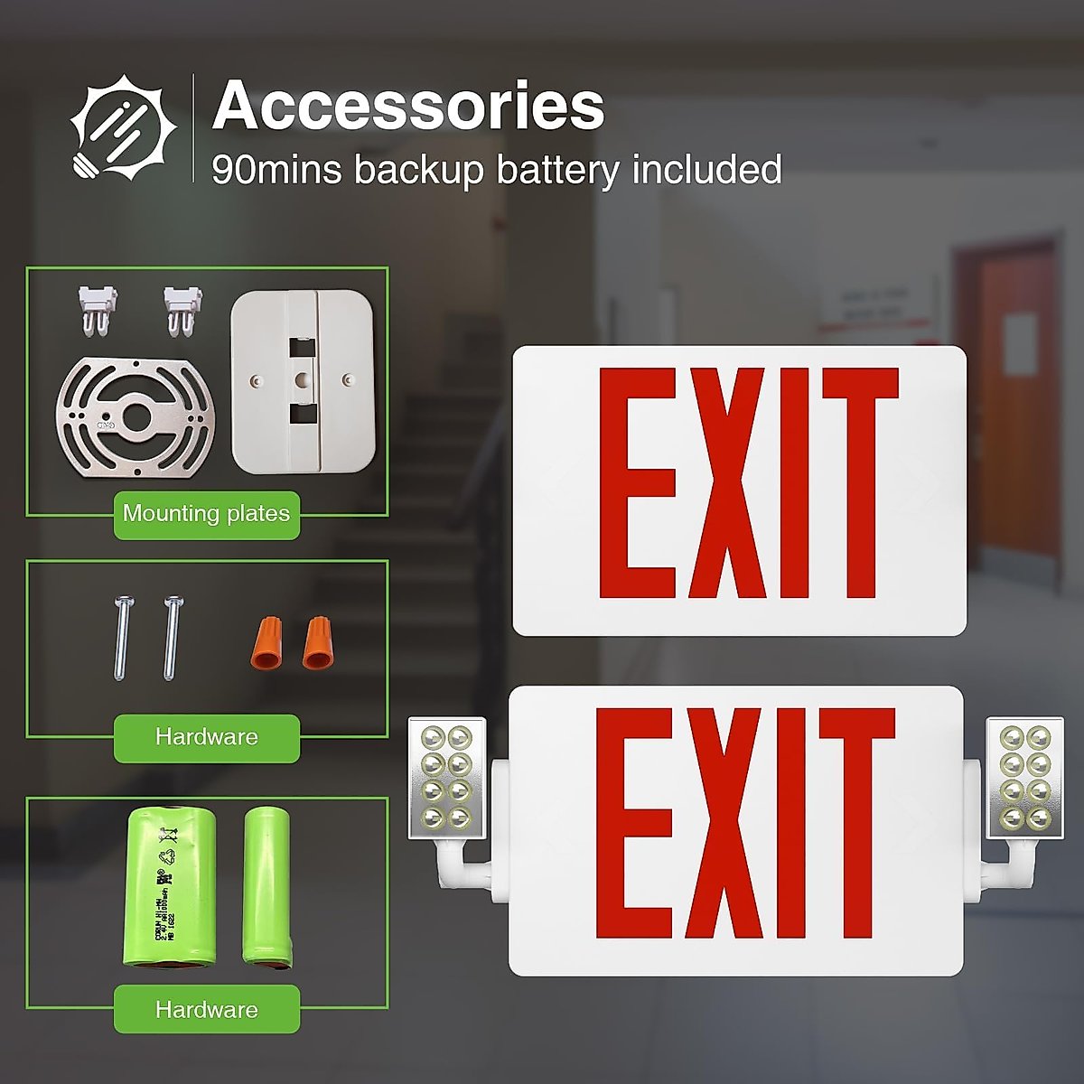 FREELICHT 6 Pack LED Double-Sided Exit Sign with Emergency Lights,Adjustable LED Emergency Exit Lights with Battery Backup，Exit Sign for Business，Hard Wired，UL Certified，AC 120/277V，