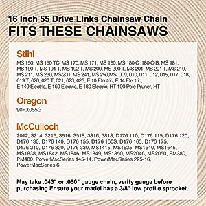 Loggers Art Gens R55 16 Inch Chainsaw Chain .043" Gauge 3/8" LP Pitch 55 Drive Links, Semi Chisel 16 Inch Chain saw Chain fits for Stihl MS170 MS180 MS171, for Oregon 90PX055G Saw & More (3 Pack)