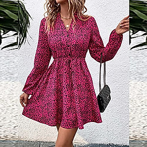 YMUQEIGH Spring Summer Dresses for Women Casual Long Sleeve Mini Dress Fashion Leopard Print Sun Dress Elegant V-Neck Dress Hot Pink