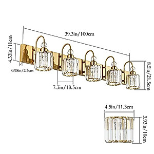 Ralbay Crystal Bathroom Vanity Lights 5-Lights Brass Gold Crystal Bathroom Vanity Lights Over Mirror Modern Crystal Gold Bathroom Wall Lighting Fixtures
