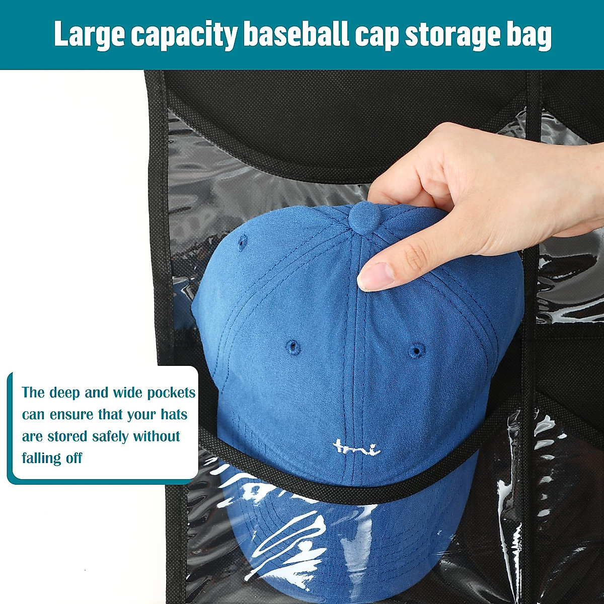Fixwal Baseball Hat Rack, 27 Pocket Over The Door Cap Organizer Cap Hat Holder Hanger For Closet With Large Clear Pockets & 3 Hooks, Hat Storage to Protect and Display, Black